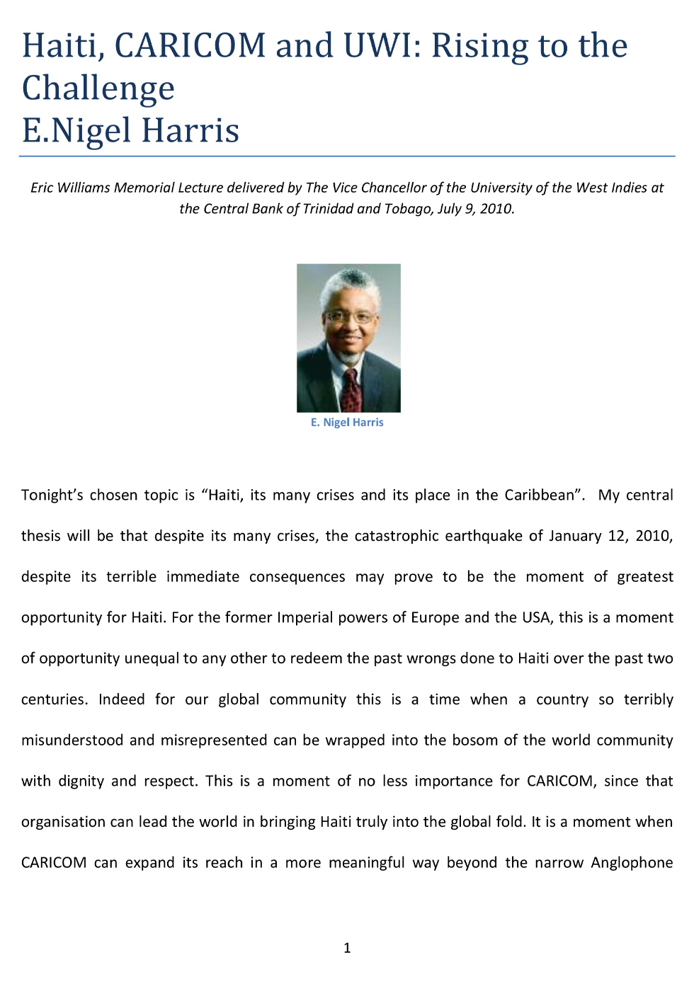 Dr. Eric Williams Memorial Lecture Series - Central Bank of Trinidad ...